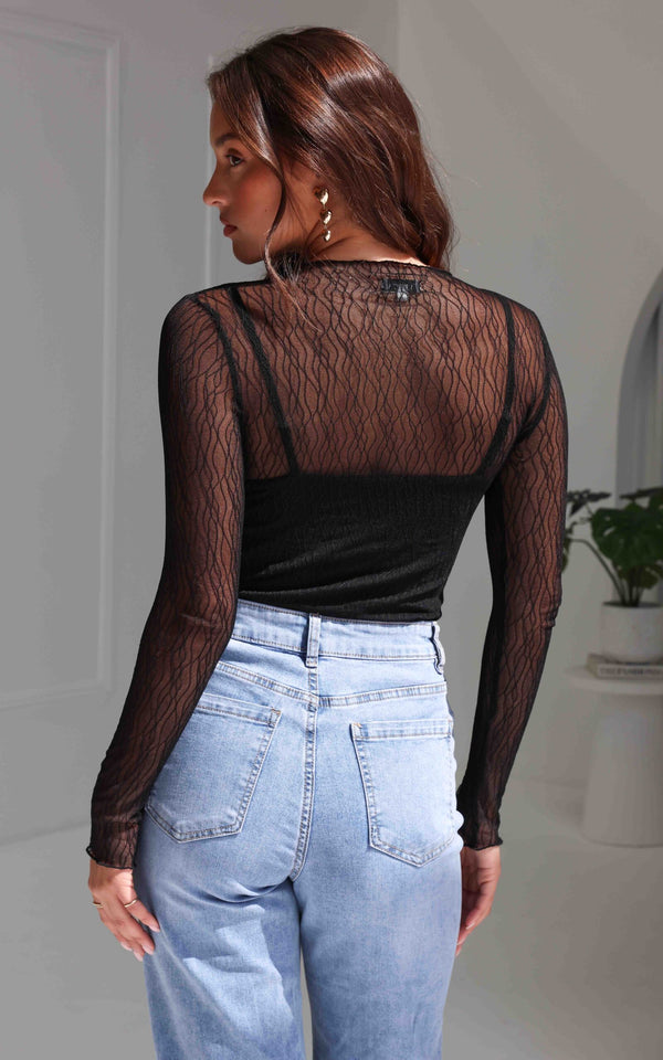 THURMAN HIGH NECK LONG SLEEVE SHEER MESH TOP - BLACK TEXTURE – By Amica