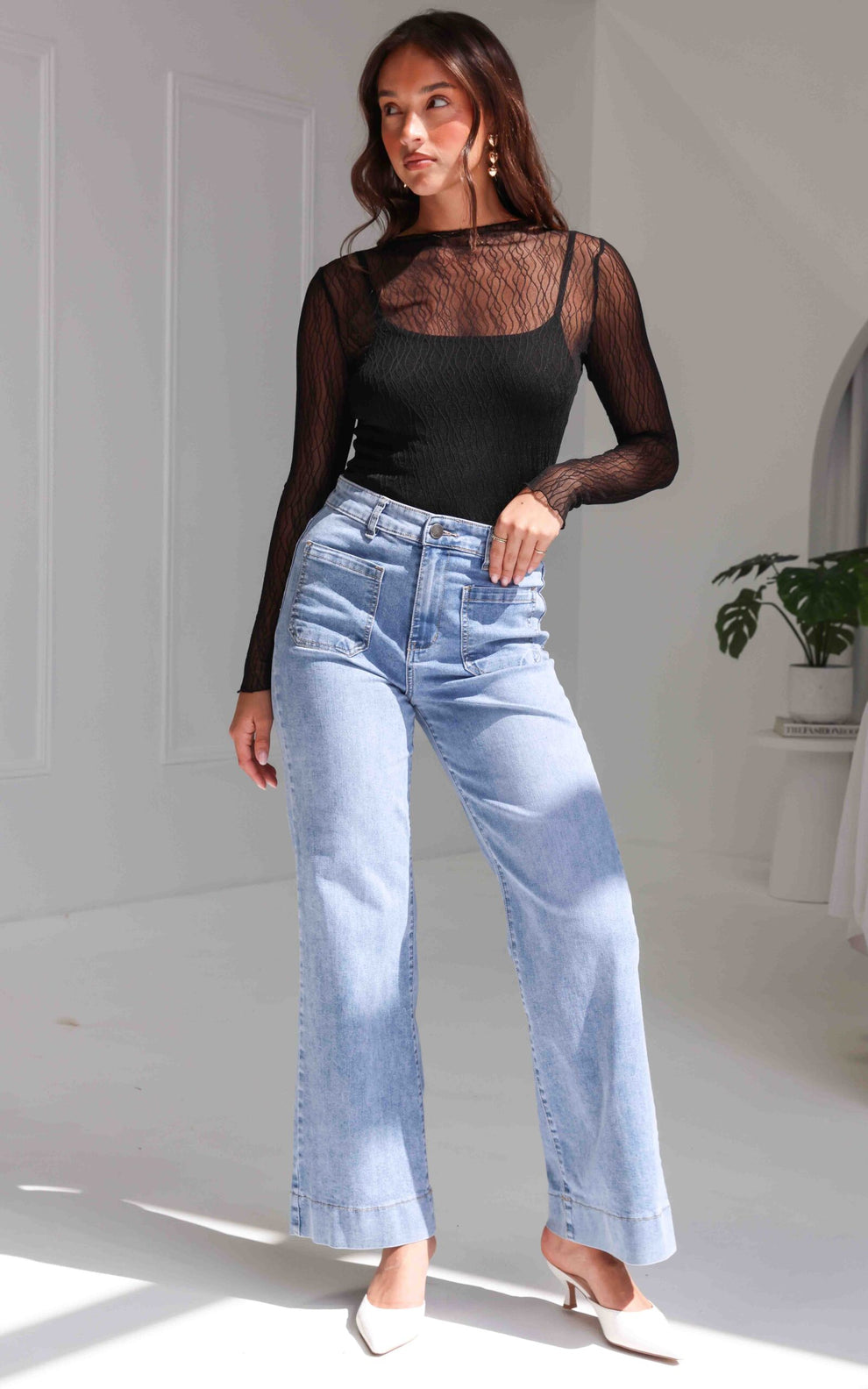 THURMAN HIGH NECK LONG SLEEVE SHEER MESH TOP - BLACK TEXTURE – By Amica