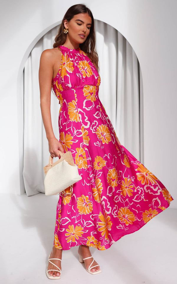 Zariko Maxi Dress - Hot Pink Orange Floral – By Amica