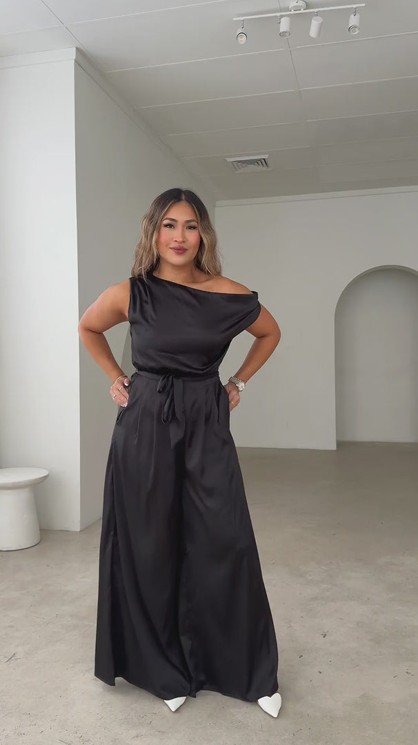 KENDRIX ASYMMETRIC OFF SHOULDER WIDE LEG JUMPSUIT - BLACK – By Amica